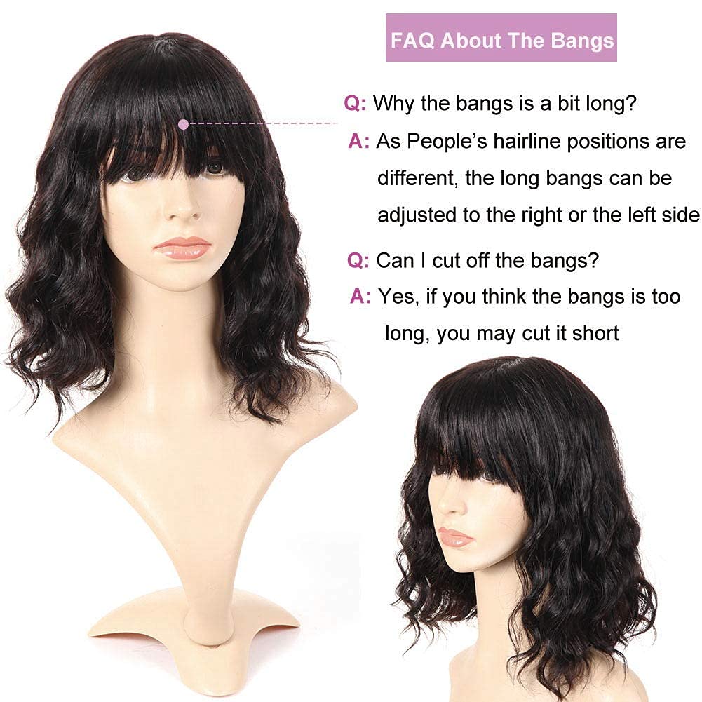 PANEWAY Short Human Hair Wigs with Bangs Brazilian Body Wave Virgin Human Hair Wigs for Black White Women Short Wavy Bob Wigs with Bangs 12 Inch
