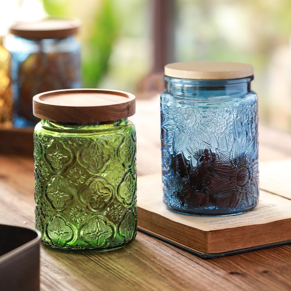 23.7 FL OZ Blue Glass Jars, 2 Pack Vintage Glass Kitchen Storage Counter Jar, Candy Jars with Lids, Blue Mason Jars Hold Coffee Beans, Tea, Cookie, Sugar, Bath Salts & More (Blue)