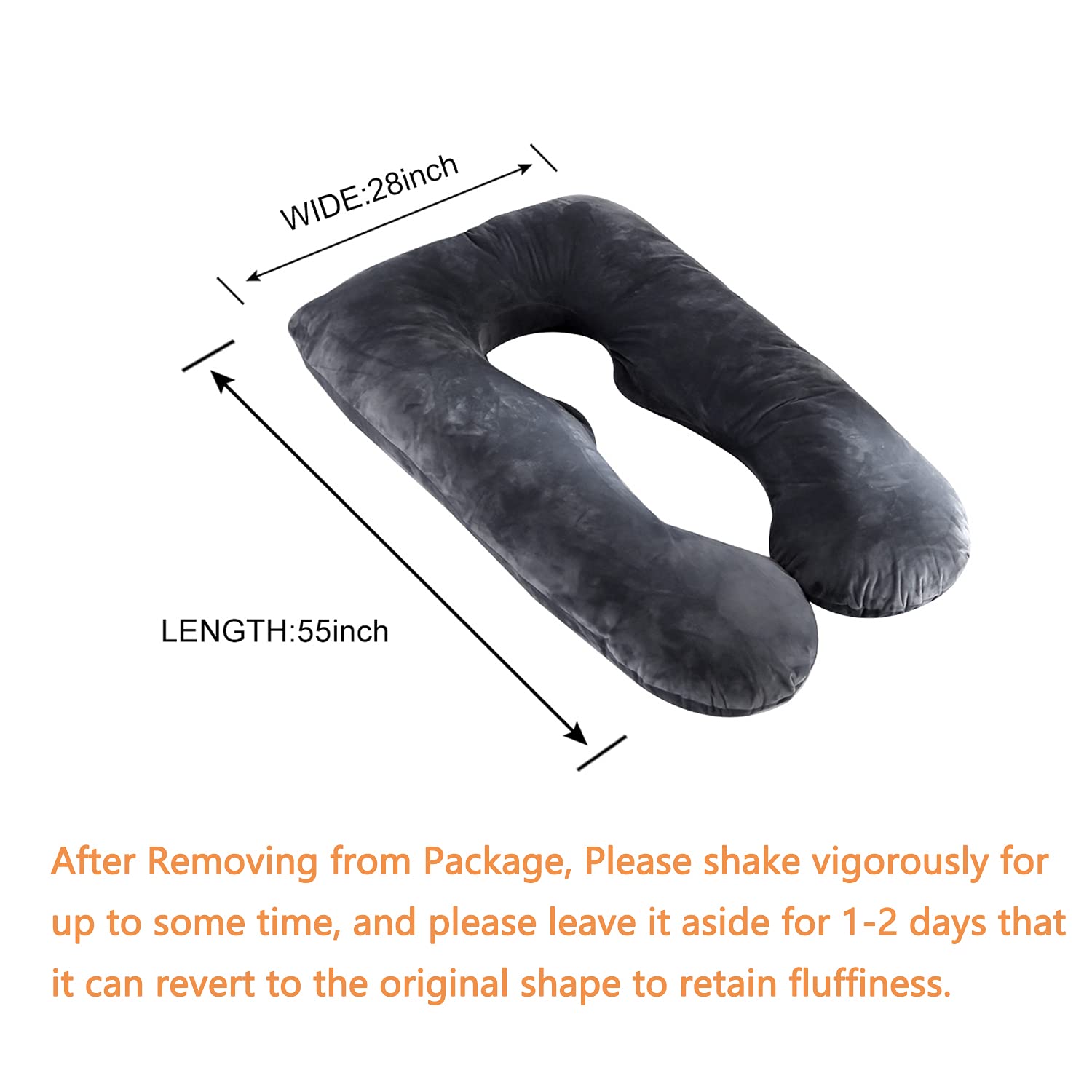 WhatsBedding Pregnancy Pillows for Sleeping, U Shaped Full Maternity Body Pillows with Machine Washable Velvet Cover (55 inches, Dark Grey)