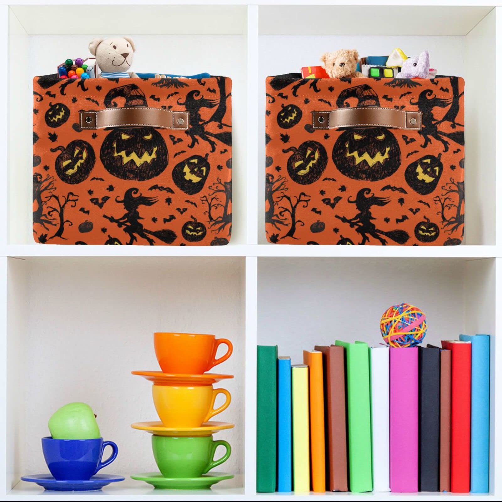 Wusikd Orange and Black Halloween Storage Basket Set of 1 Large Fabric Pumpkin Witch Storage Basket Bins Box Cube with Handles Collapsible Closet Shelf Clothes Organizer Basket for Nursery Bedroom