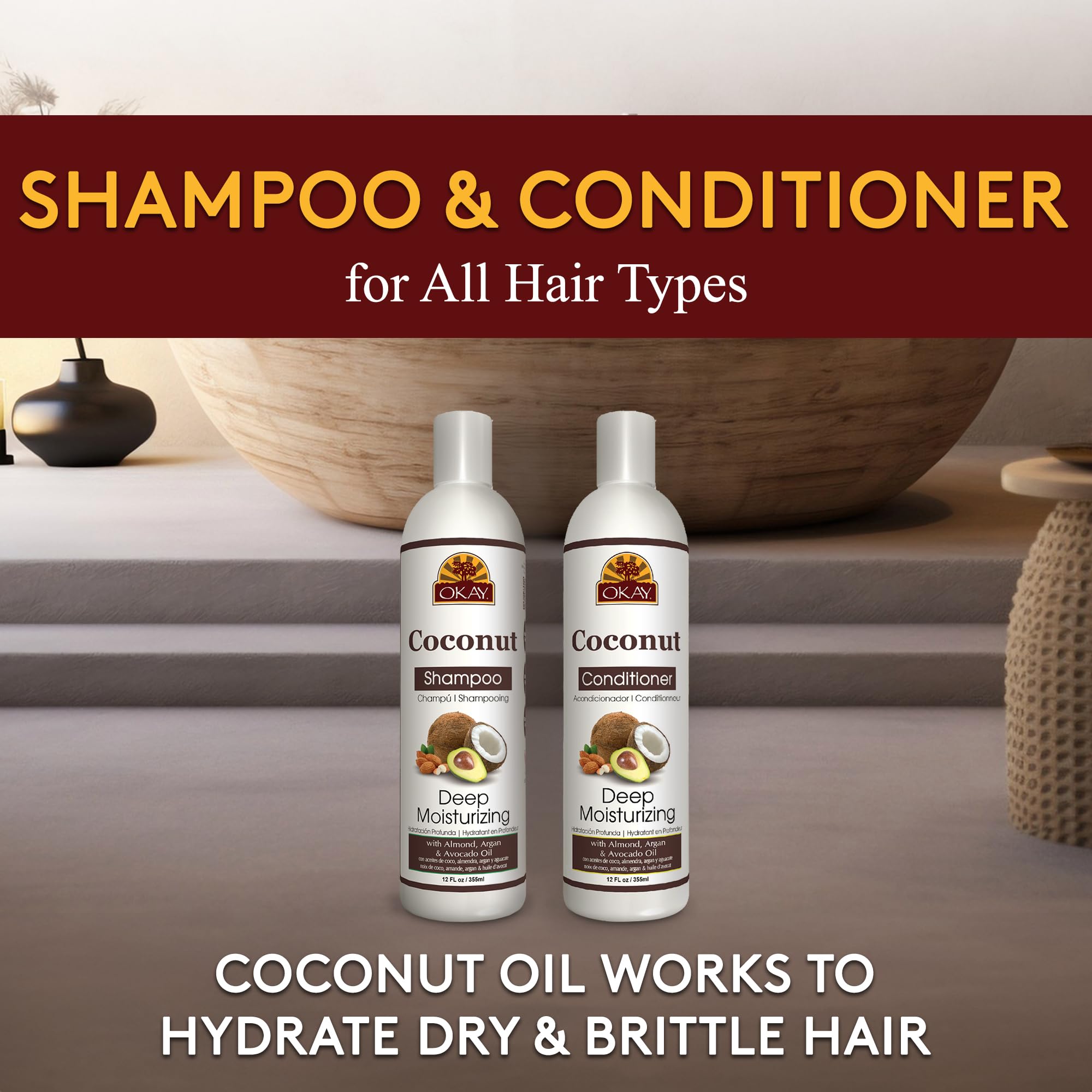 OKAY-Shampoo and Conditioner Coconut Hair Care Set Deep Moisturizing- Set Of 2 X 12 Oz