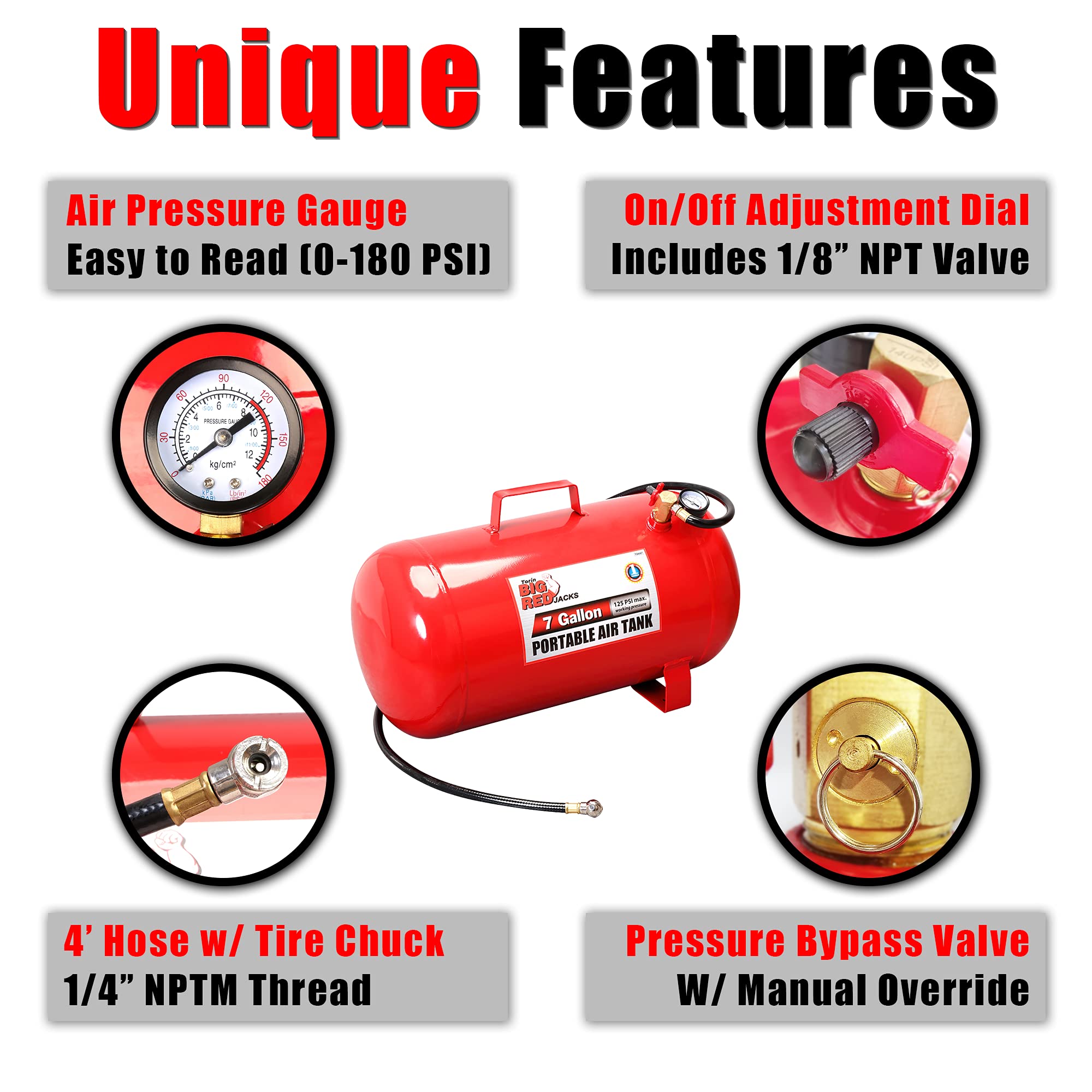 BIG RED T88011-1 Torin Portable Horizontal Air Tank with 50" Hose and Pressure Gauge, Capacity 11 Gallons, Red