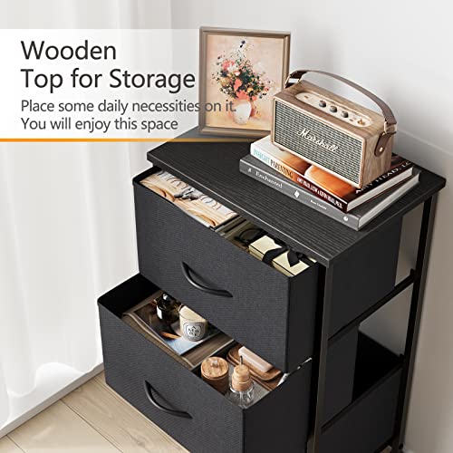 CubiCubi Dresser Nightstand for Bedroom with 3 Drawers, Small Storage Tower Organizer Unit for Closet, Office, Living Room, Hallway, Entryway, Fabric Drawers, Wood Board, Black Grey