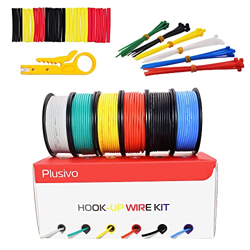 24 AWG Stranded Wire Kit β Silicone Coated Copper Wires 24 Gauge Pre-Tinned 30ft/9m Each Spool, 6 Colors (Black, Red, Yellow, Green, Blue, White), Electrical Jumper Wire Hook Up Wire Kit from Plusivo