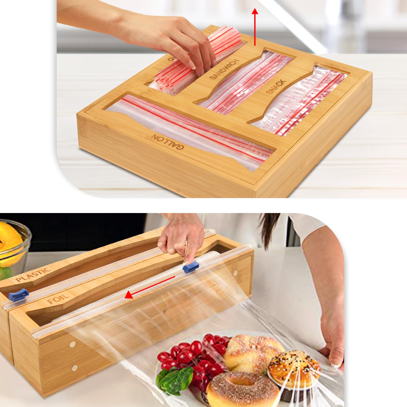 6 in 1 Plastic Bag Organizer with mag Foil and Saran Wrap Dispenser With Cutter For Kitchen Drawer- Bamboo Food Storage Organizer Perfect For Plastic Ziploc,Gallon,Quart Variety Size Bags & 12” Rolls