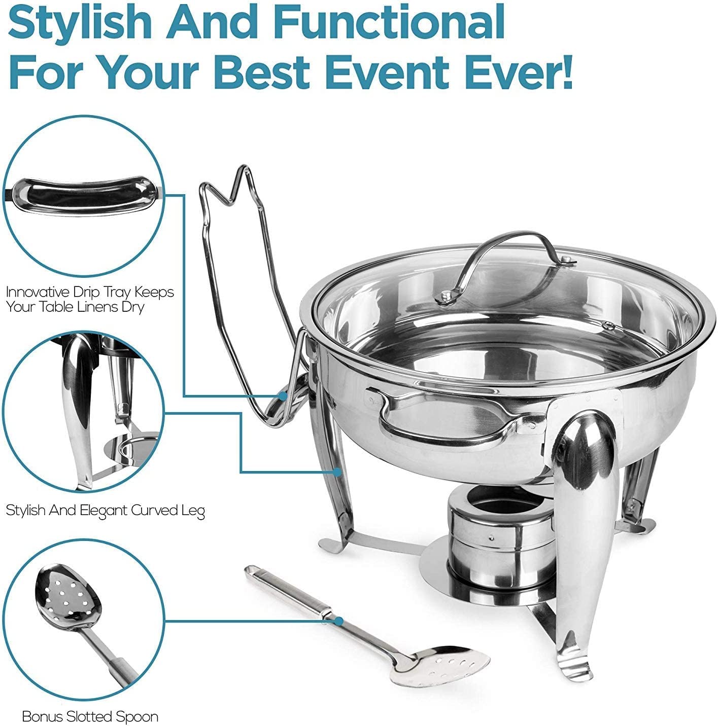 4 Quart Round Stainless Steel Chafing Dish with Bonus Slotted Spoon and Drip Tray for Lid| Keeps linens Dry | for Wedding, Graduation, Events, Parties | Sterno Holderā¦