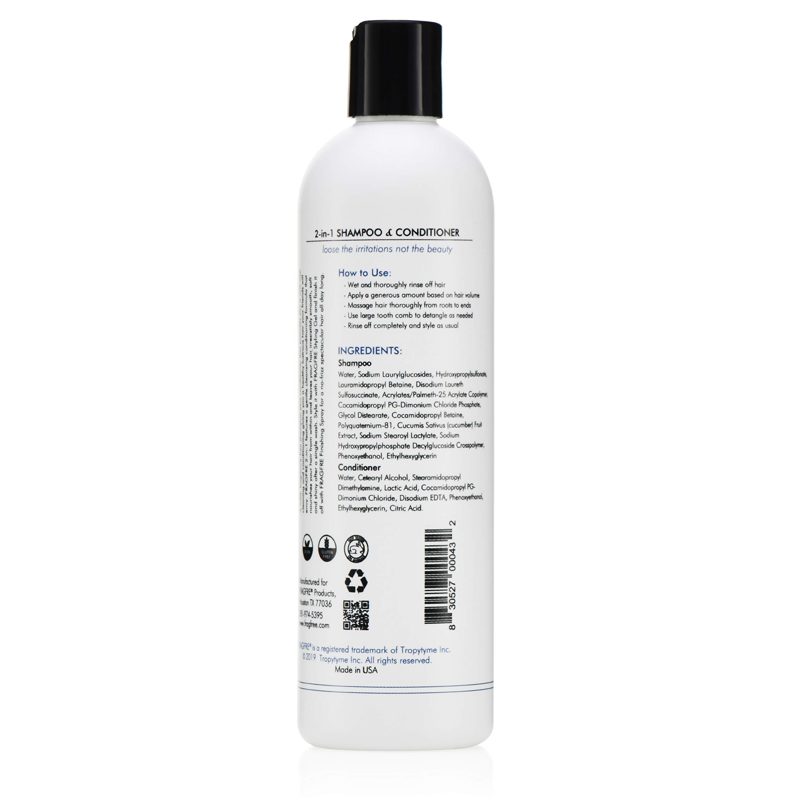FRAGFRE 2 in 1 Shampoo and Conditioner 12 oz - Fragrance Free Conditioning Shampoo for Short to Medium Hairs - Color Safe Wash and Go - Sulfate Free Cleansing Conditioner for Sensitive Scalps (1 Pack)