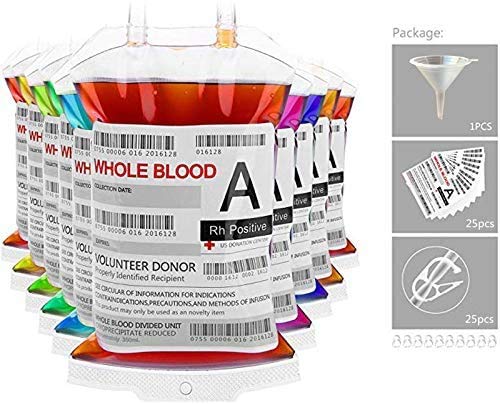 IV Blood Energy Bag for Drinks Halloween Theme Party, Costume Props Container 11.5oz With labels+clips (25pcs)