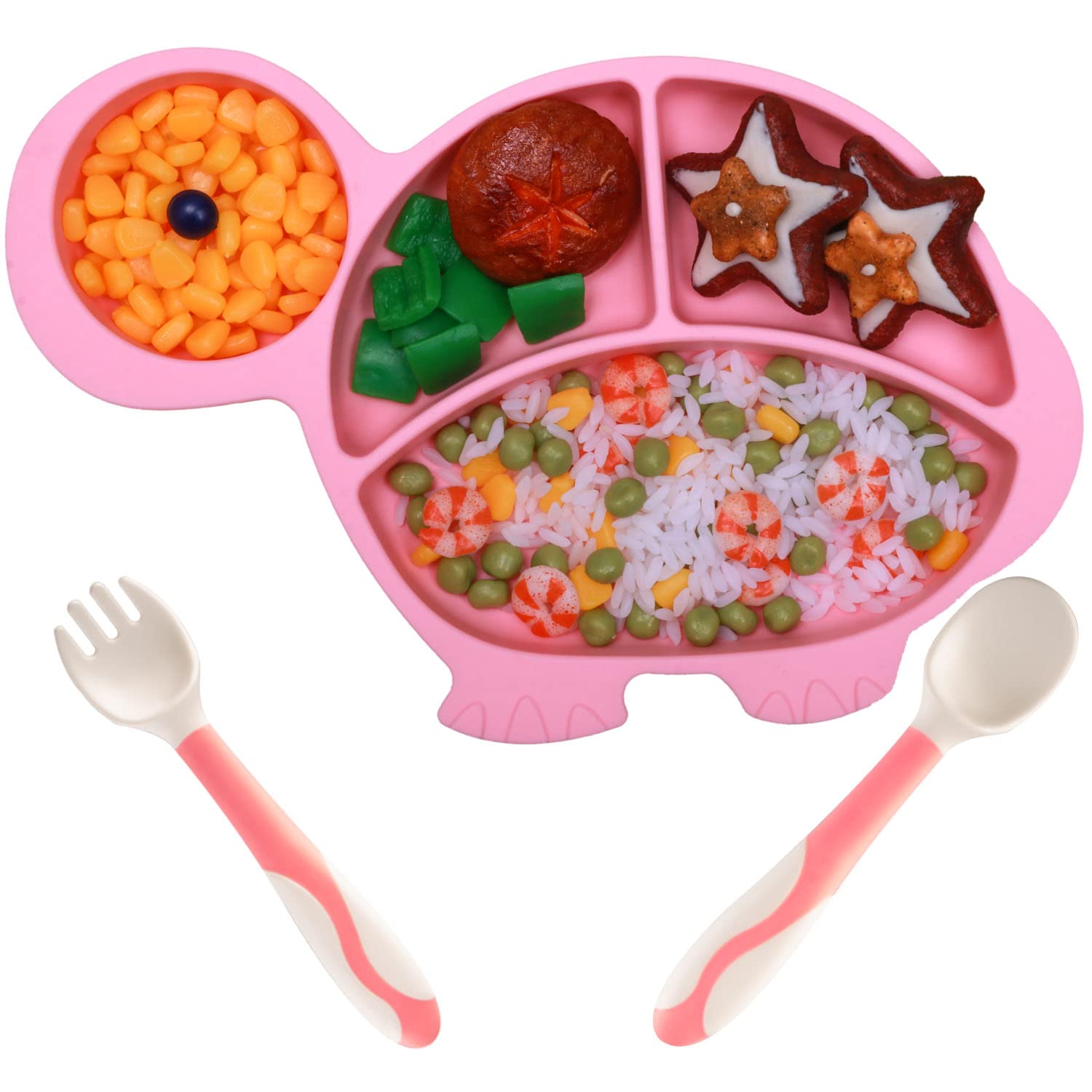 NICINGU Silicone Suction Plate spoon fork sets for Toddlers,Divided Plate Dish Placemat Bowl for Baby Kids Infant Self Feeding Training,Fits Most Highchairs, BPA Free Microwave Dishwasher Safe-Pink