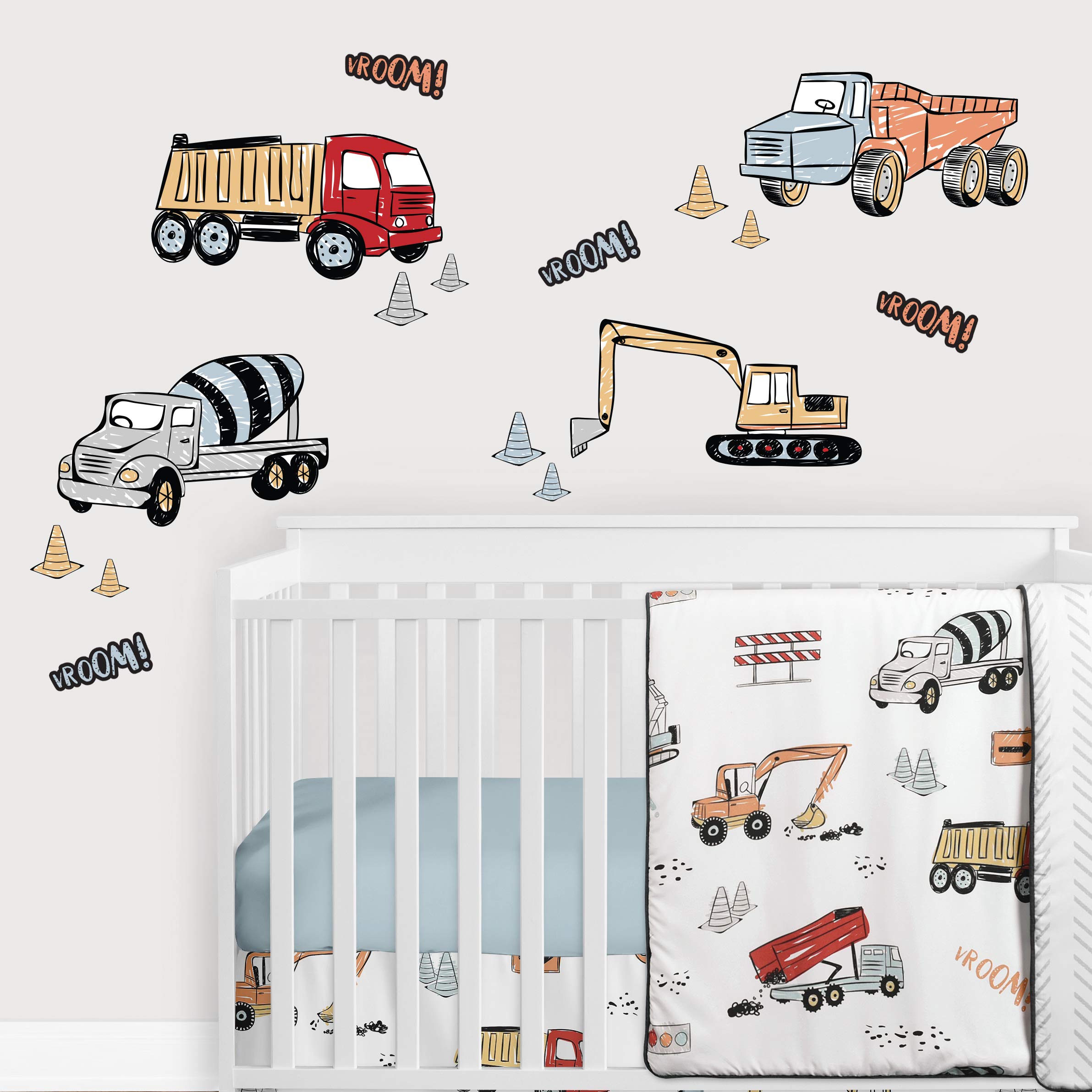 Sweet Jojo Designs Construction Truck Large Peel and Stick Wall Decal Stickers Art Nursery Decor Mural - Set of 4 Sheets - Grey Yellow Orange Red and Blue Transportation Zone Vehicles