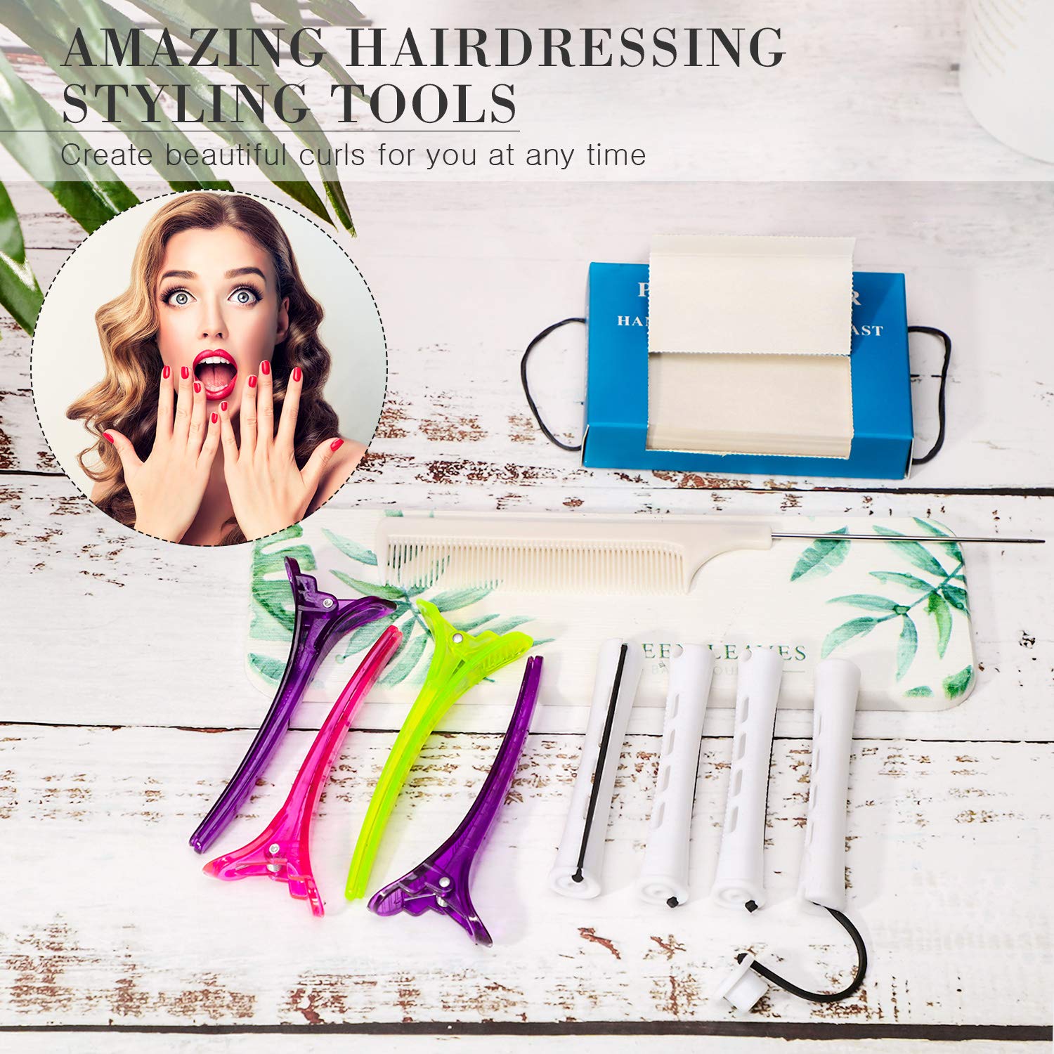 WILLBOND Hair Styling Kit: 48 Hair Perm Rods Plastic Cold Wave Rods, 2 Steel Pintail Combs, 350 Perm Papers, 6 Duck Bill Clips for Hairdressing Styling(White)