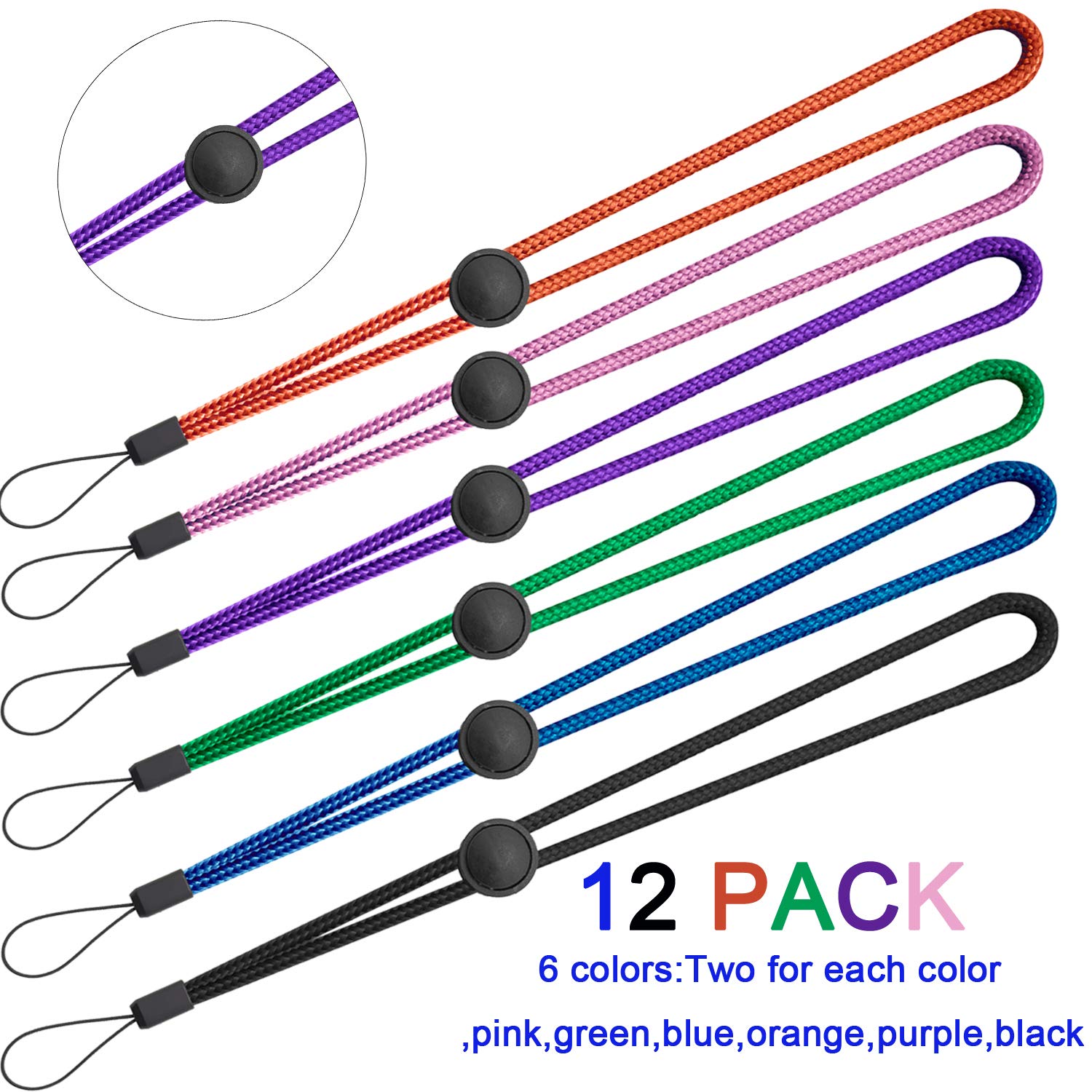 YOUOWO Wrist Lanyard Adjustable length small Strap 12 Pcs Wrist Short Lanyard for Keys Phone Cases Lanyard Keychain USB pink,green,blue,orange,purple,black