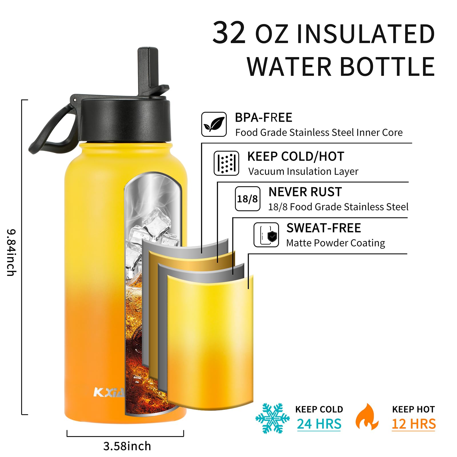 32 oz Insulated Water Bottle with Paracord Handles & Strap, 2 Lids(Straw Lid&Spout Lid), Stainless Steel Reusable Wide Mouth Metal Water Bottle With Straw, Double Walled, Thermo Mug(Mango Yellow)