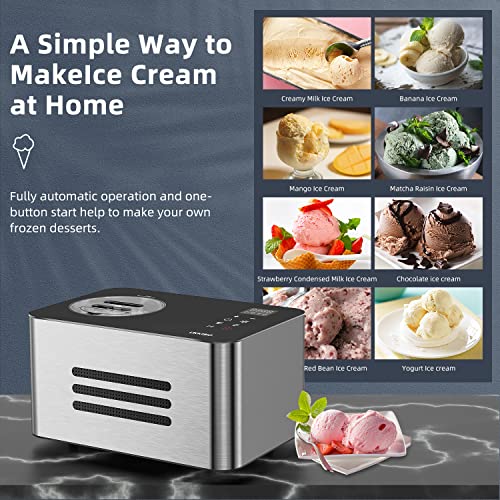 Ice Cream Maker, UKKISO 1.5 Quart Automatic Electronic Gelato Maker with 4 Operation Modes, Built-In Compressor, Portable Homemade Dessert Maker with Spoon, Ice Cream Machine for Home