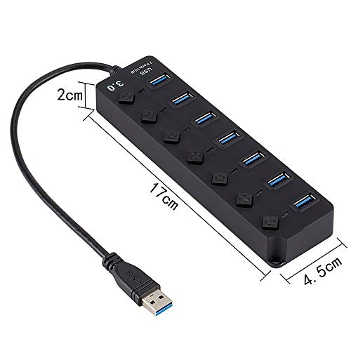 Lysee USB Cables - USB 3.0 HUB Splitter 7 Ports w/ On/Off Switches Plug and Play High Speed 5Gbps Micro Multiple USB Port Expander for PC Computer - (Length: < =0.5m)