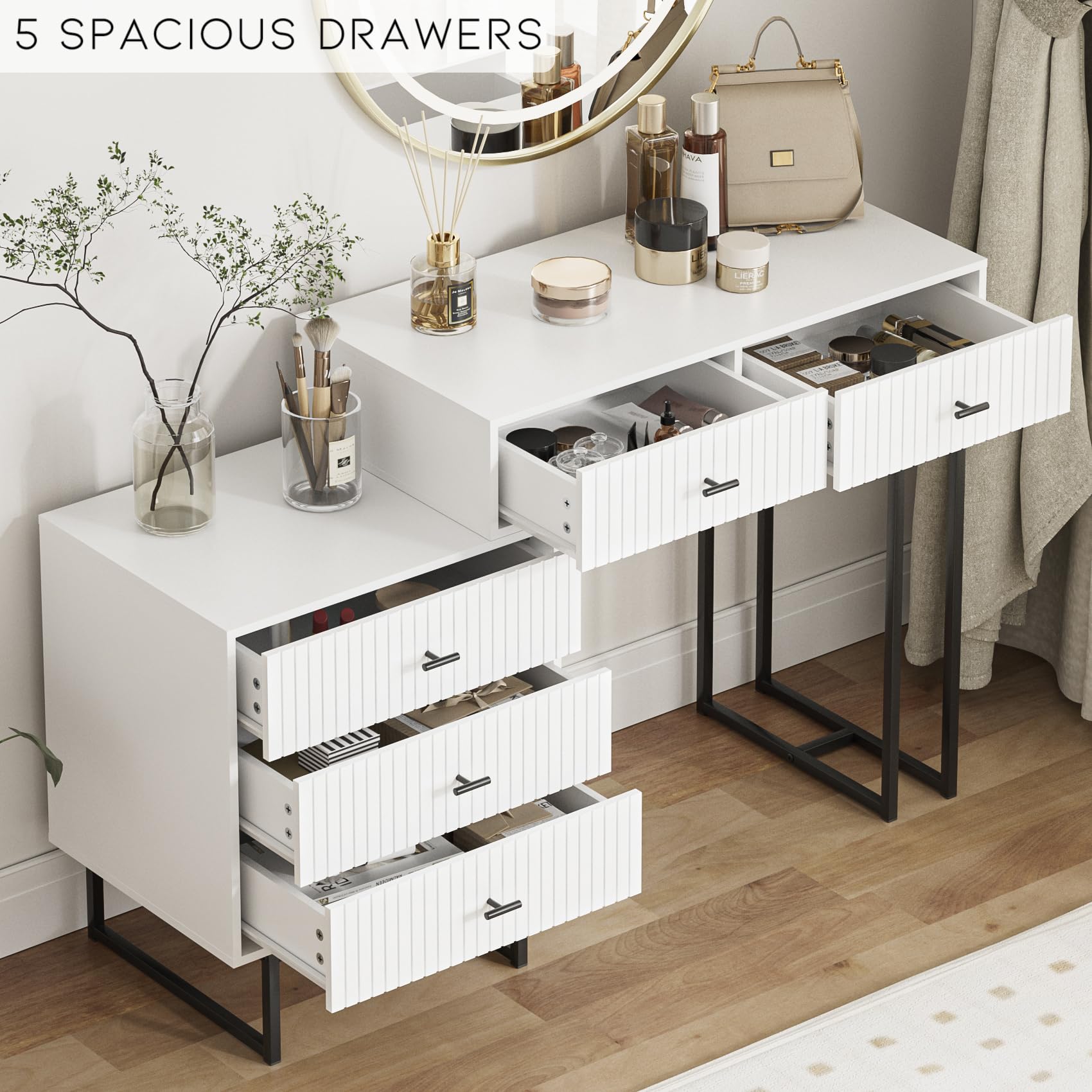 Acodaiuy Vanity Desk, Makeup Vanity Desk Black Without Mirrors or Lights Vanity Table Modern Makeup Table with Adjustable Cabinet and 5 Large Drawers, Dressing Table for Bedroom,Makeup Room, White