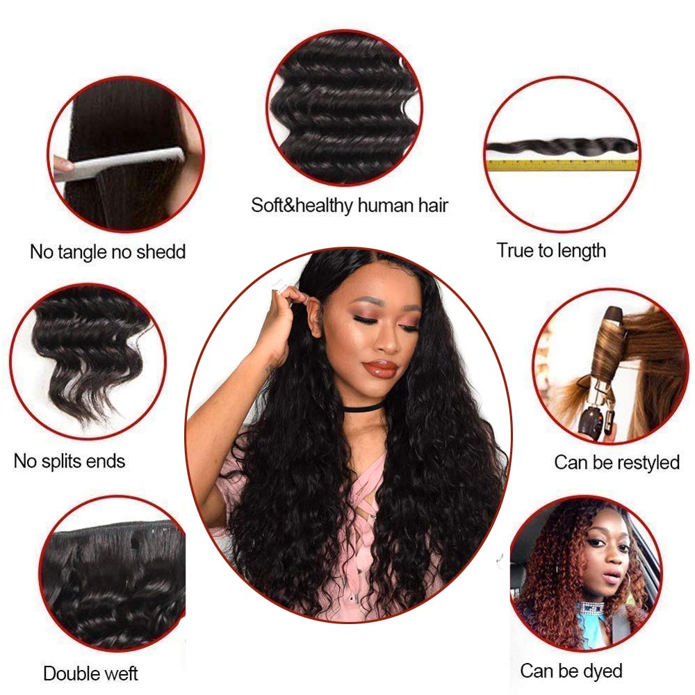 Laritaiya Water Wave Bundles With Closure Human Hair (18 20 22+16) Wet and Wavy Human Hair 3 Bundles with Closure 100% Unprocessed Deep Curly Human Hair Bundles With Closure Natural Black Color