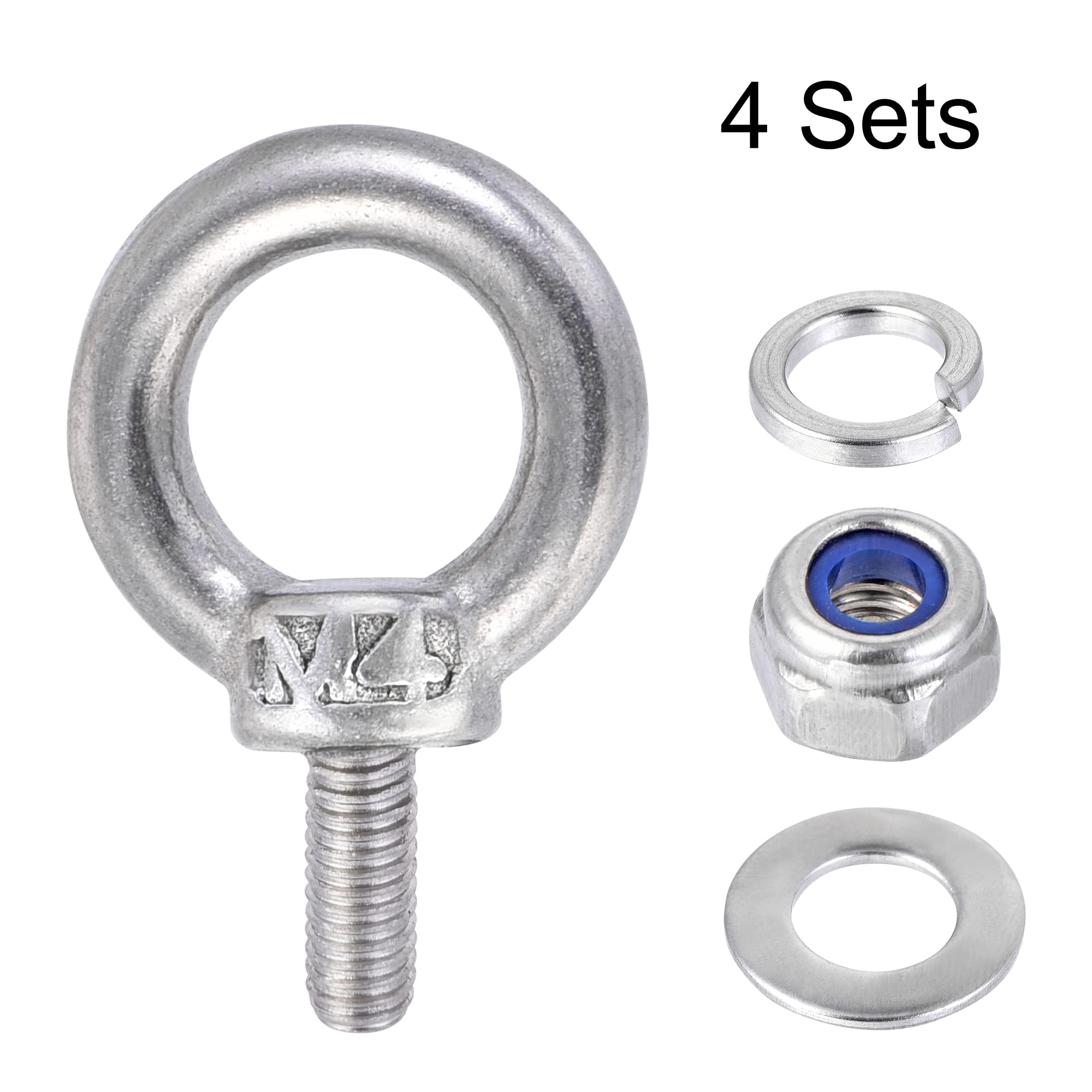 uxcell Lifting Eye Bolt M4 x 11mm Male Thread with Hex Screw Nut Gasket Flat Washer for Hanging, 304 Stainless Steel, 4 Sets