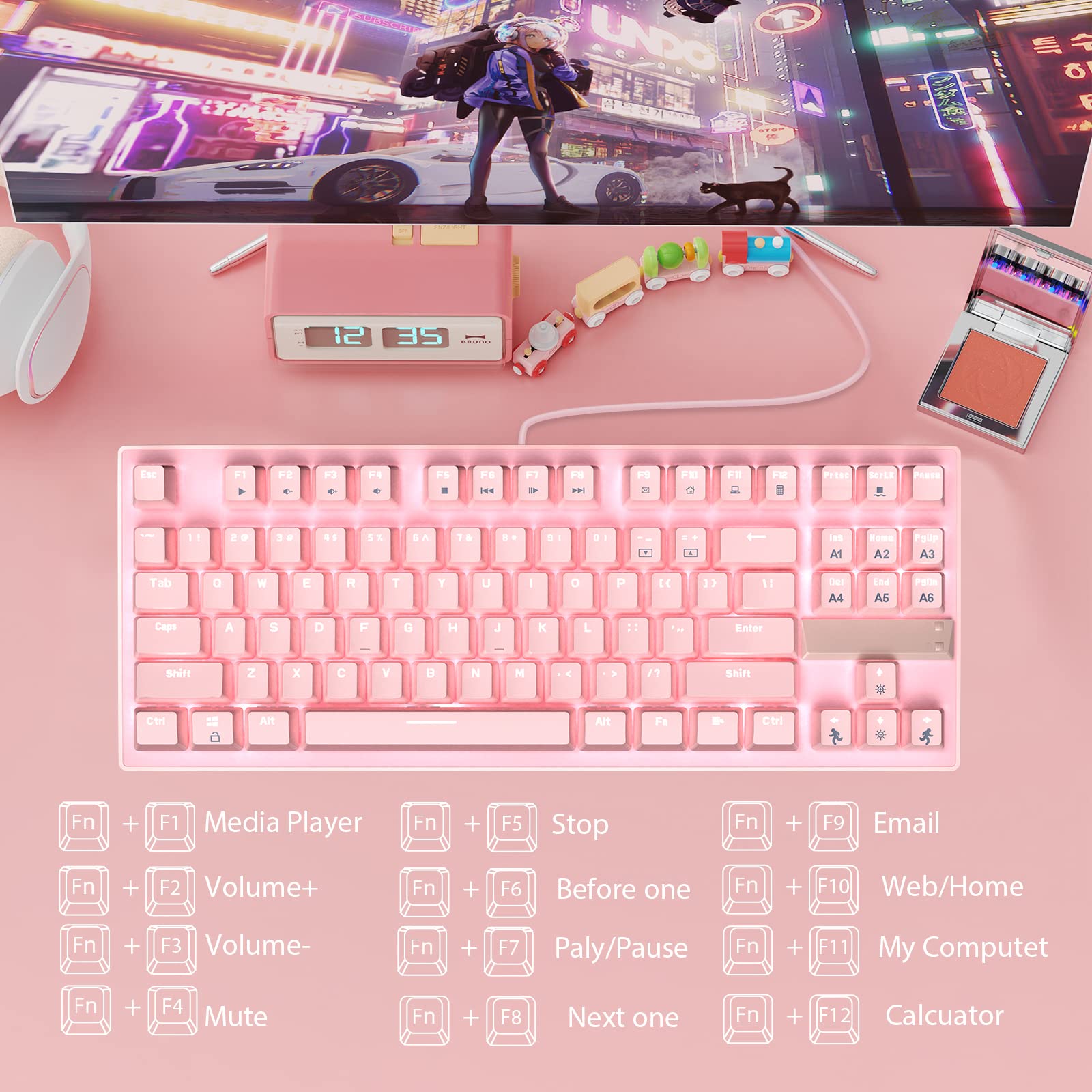 Anivia Mechanical Gaming Keyboard, MK1 Wired LED Backlit Keyboard with 87 Keys Compact Computer Keyboard for Mac PC Laptop, Cute Pink Keyboard - Blue Switches