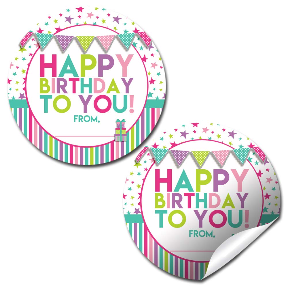 Happy Birthday to You Gift Tag Sticker Labels in Pastel Colors for Girls, 40 2" Party Circle Stickers by AmandaCreation, Also Great for Envelope Seals & Gift Bags