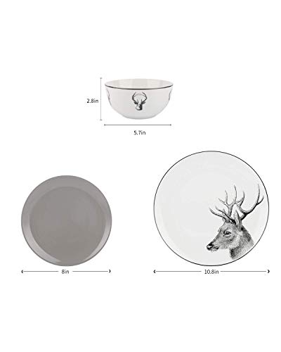 Kitchen Plates and Bowls Sets for 6, 18 Piece Dinnerware Sets, Dish Set with Deer Theme, Microwave Safe Plates and Bowls, Chip Resistant Dinnerware, Dishwasher Safe