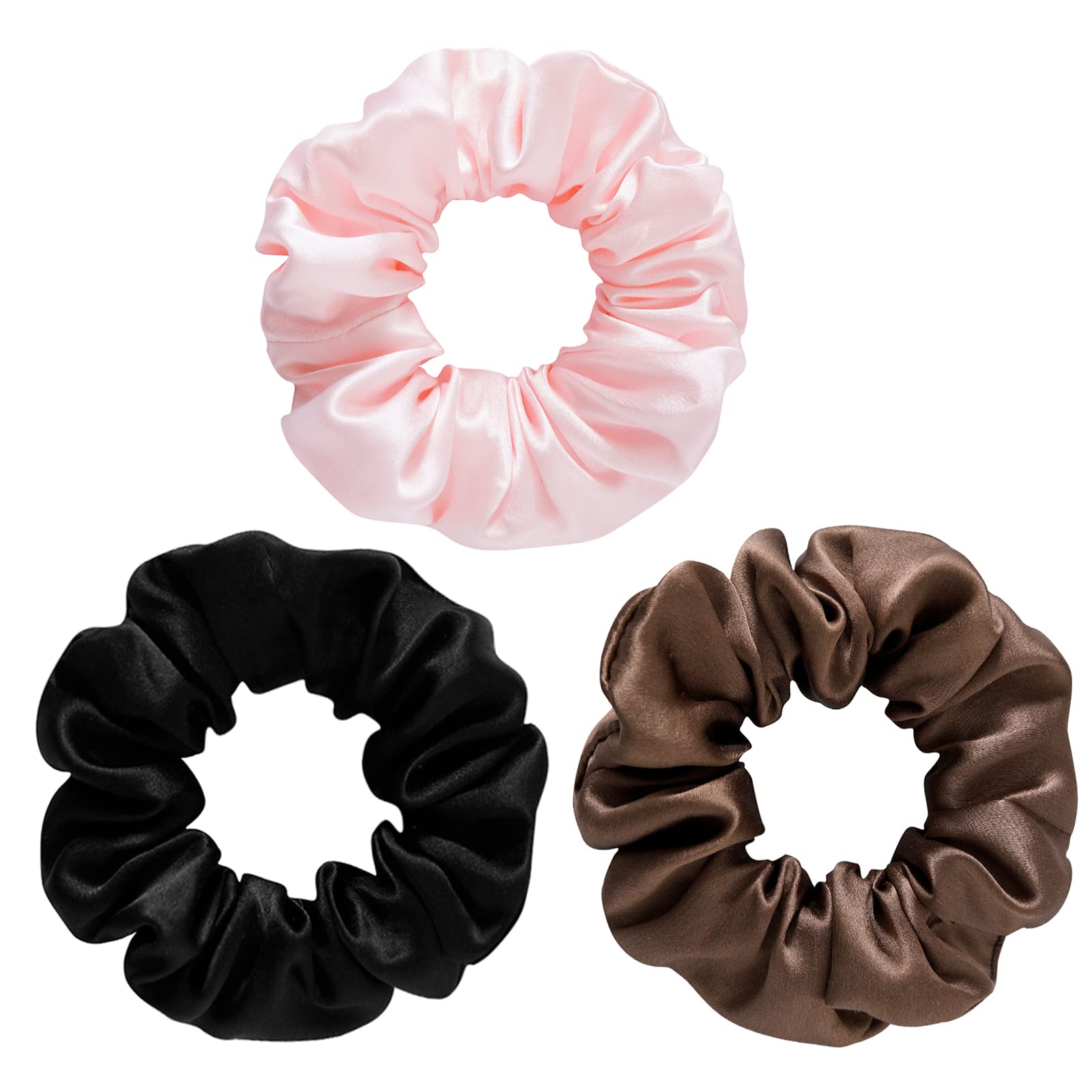 SOBONNY Silk Scrunchies for Women - 100% Mulberry Silk Hair Ties, 3 Pack, No Damage Elastic Ponytail Holders (Brown, Black, Pink)