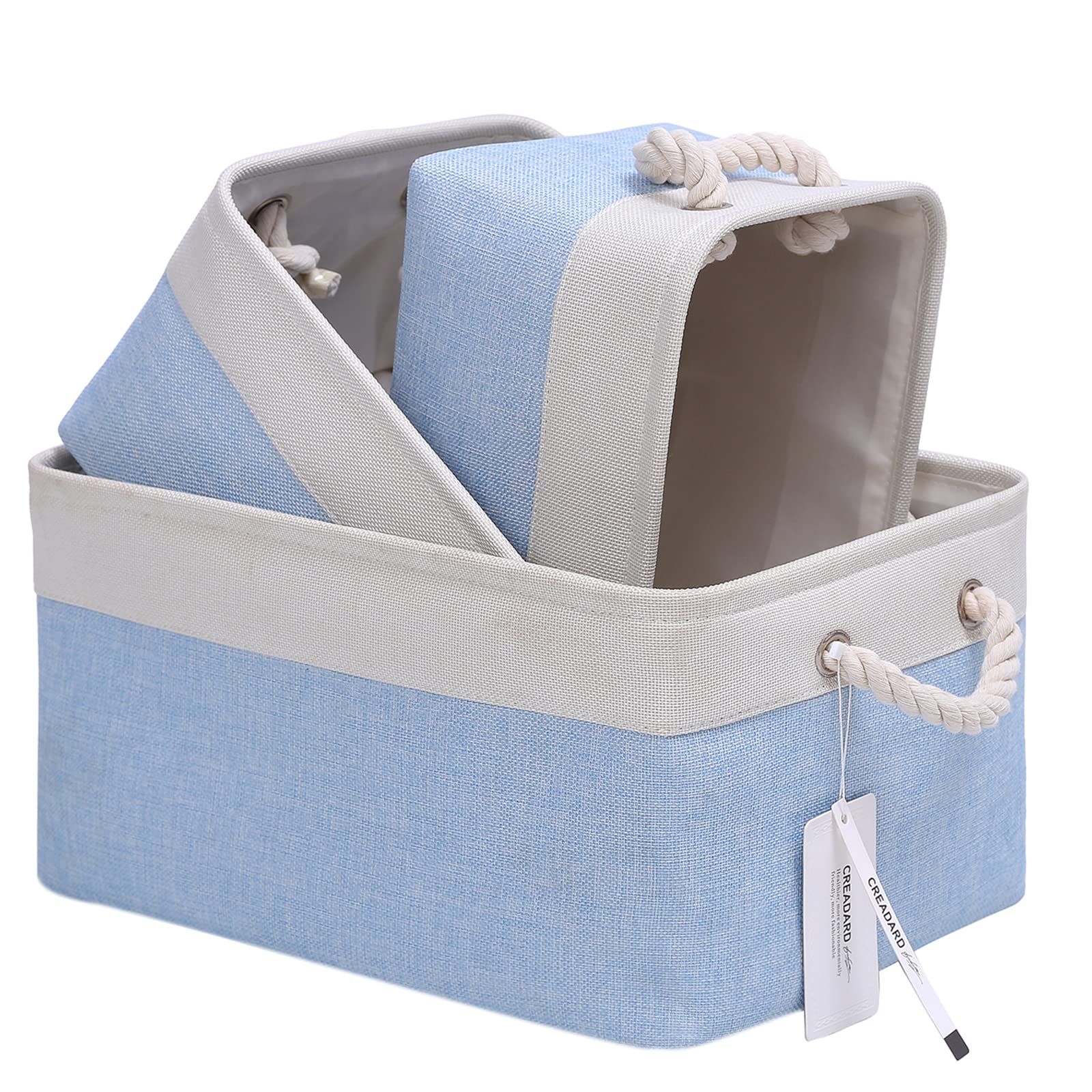 Fabric Storage Basket, Foldable Linen Storage Box for Nursery and Home, Collapsible Canvas Shelf Basket for Wardrobe or Bedroom, Blue and White