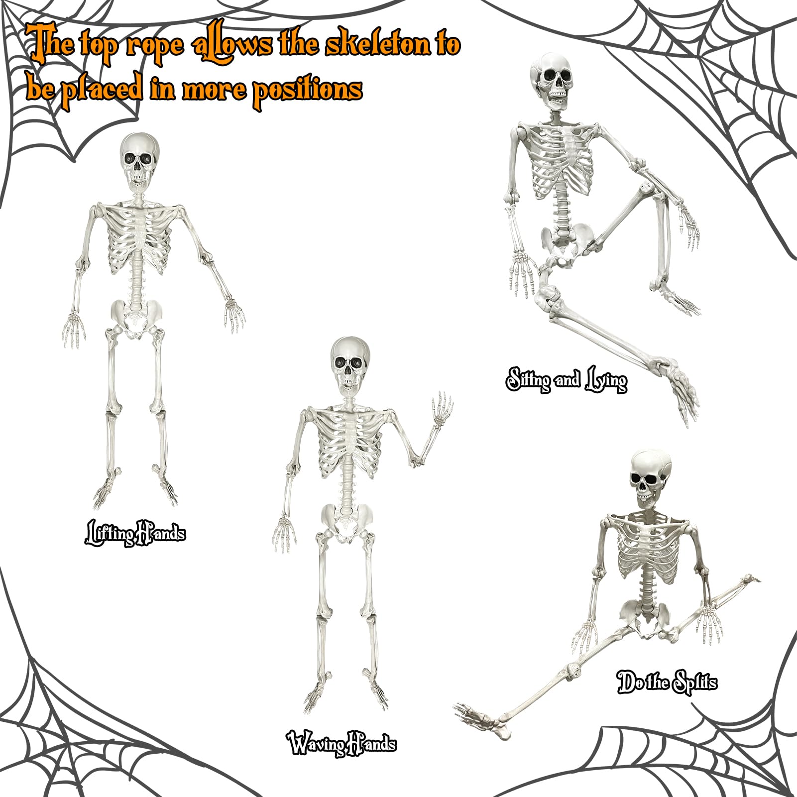 38" Posable Halloween Skeleton Decorations, Full Body Halloween Skeleton with Movable Joints for Haunted House Graveyard Props Indoor and Outdoor Decor