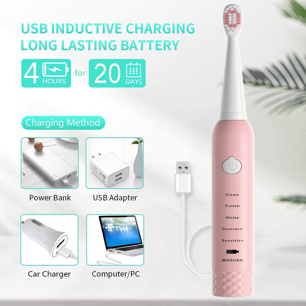 WOSUKK Kids Electric Toothbrushes for Adults Sonicare Electric Toothbrush Rechargeable Electrical Toothbrush, 2-Min Timer, 4 Replacement Brush Heads Pink