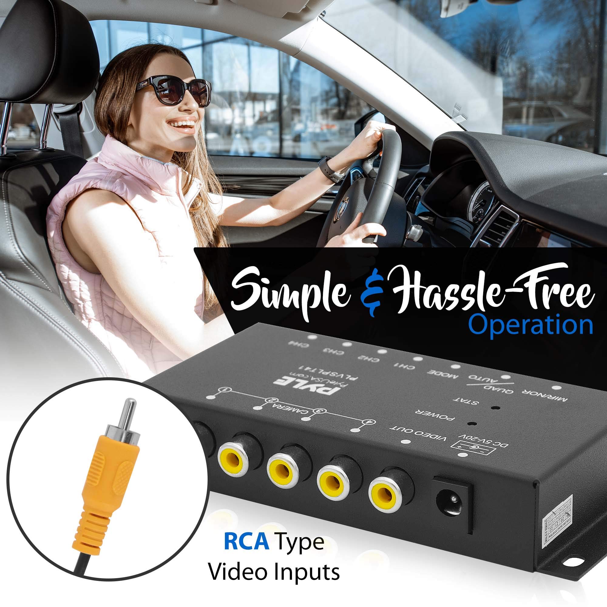 4-Channel Car Video Splitter Controller - Digital Picture Video Signal Switcher with Quad Selectable for Backup Camera Video Monitor Systems CCTV Camera, PAL/NTSC Auto Adapting - Pyle PLVSPLT41