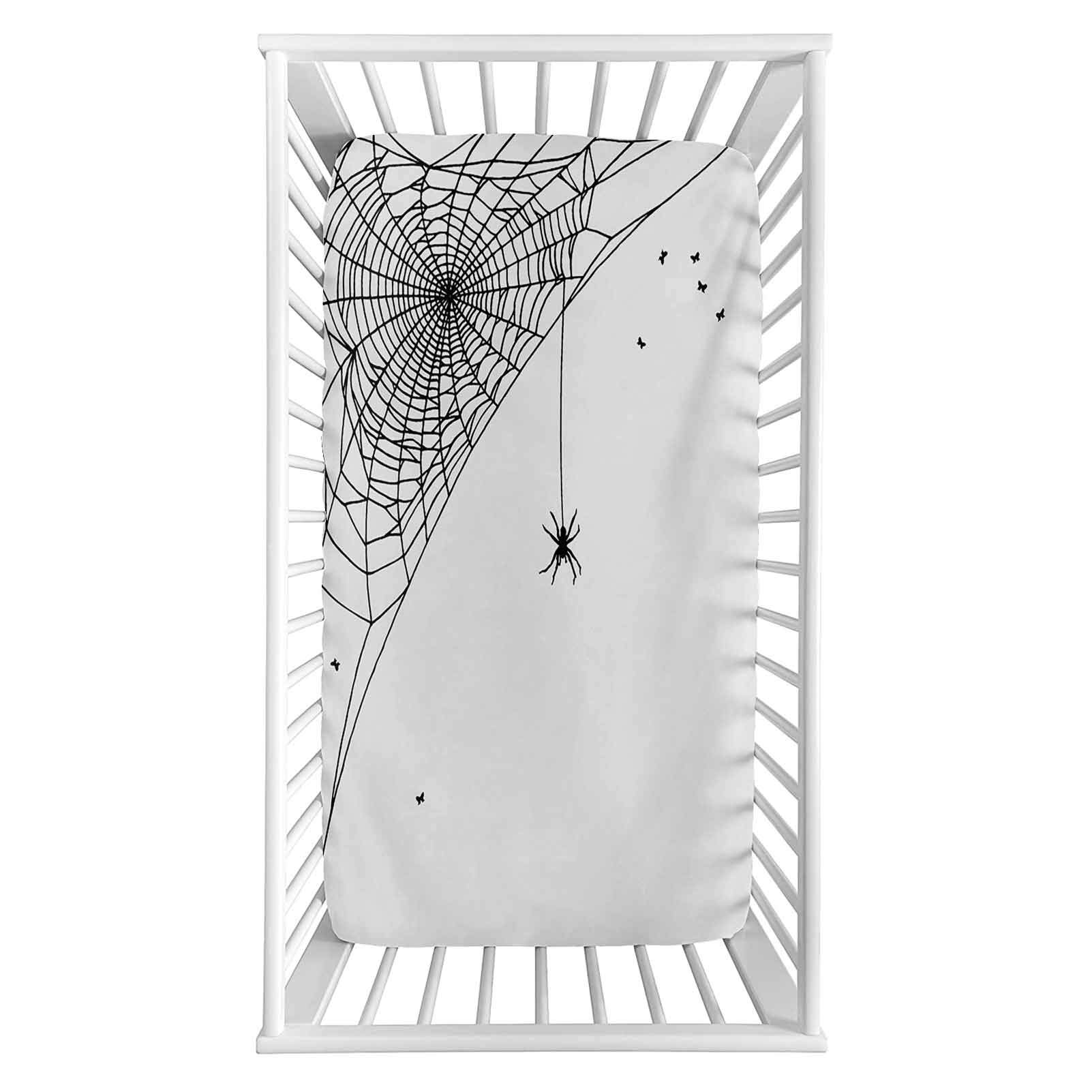 Spider Web Fitted Crib Sheet,Corner Cobweb with a Hanging Insect Hand Drawn Style Gothic Design with Flies Microfiber Silky Soft Toddler Mattress Sheet Fitted,28"x 52"x 8'',Baby Sheet for Boys Girls