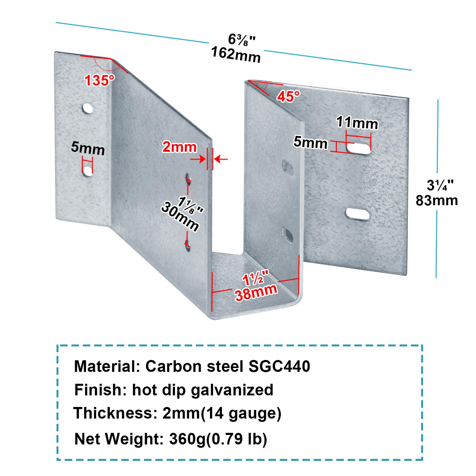 4 Pack 2x4 Skewed 45 Degree Right Joist Hanger, 14 Gauge Wood Joist Bracket, Hot Dip Galvanized Steel U Shaped Truss Hanger Support, Truss to Rafter Connector for Roofing