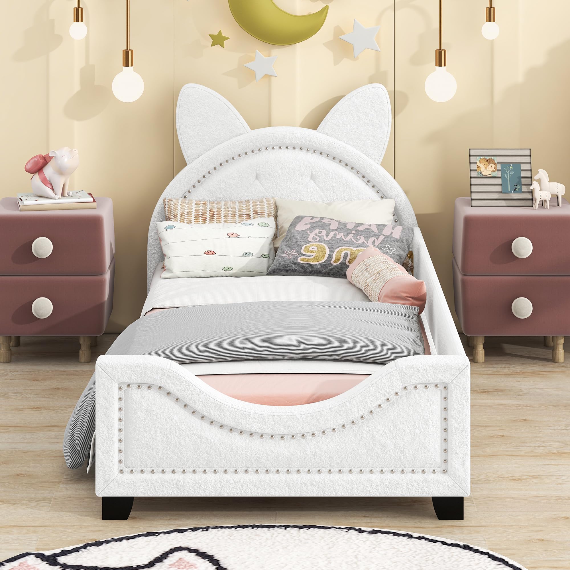 Acosure Teddy Fleece Twin Size Upholstered Daybed with Carton Ears Shaped Headboard for Kids Bedroom,Wood Low Floor Platform Bed,Super Save Space/Easy Assembly/No Box Spring Needed,White