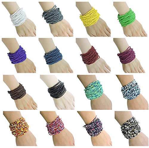 Coiris Wooden Buckle Clasp Elastic Stretch Multi Layers Seed Beads Wide Wrap Bracelet for Women (BR1167-white)
