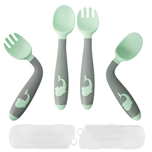 Baby Utensils Spoons Forks Sets with Travel Safe Case, Easy Grip Heat Resistant Bendable BPA Free Toddler Feeding Training Utensils Sets (2Pack,Green)