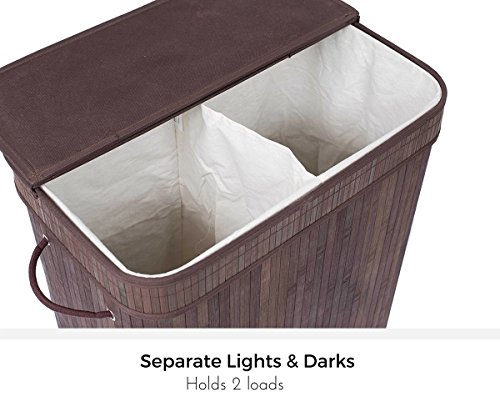 BIRDROCK HOME Double Laundry Hamper with Lid and Cloth Liner - Bamboo - Espresso - Easily Transport Laundry Basket - 2 Section Collapsible Hamper - String Handles