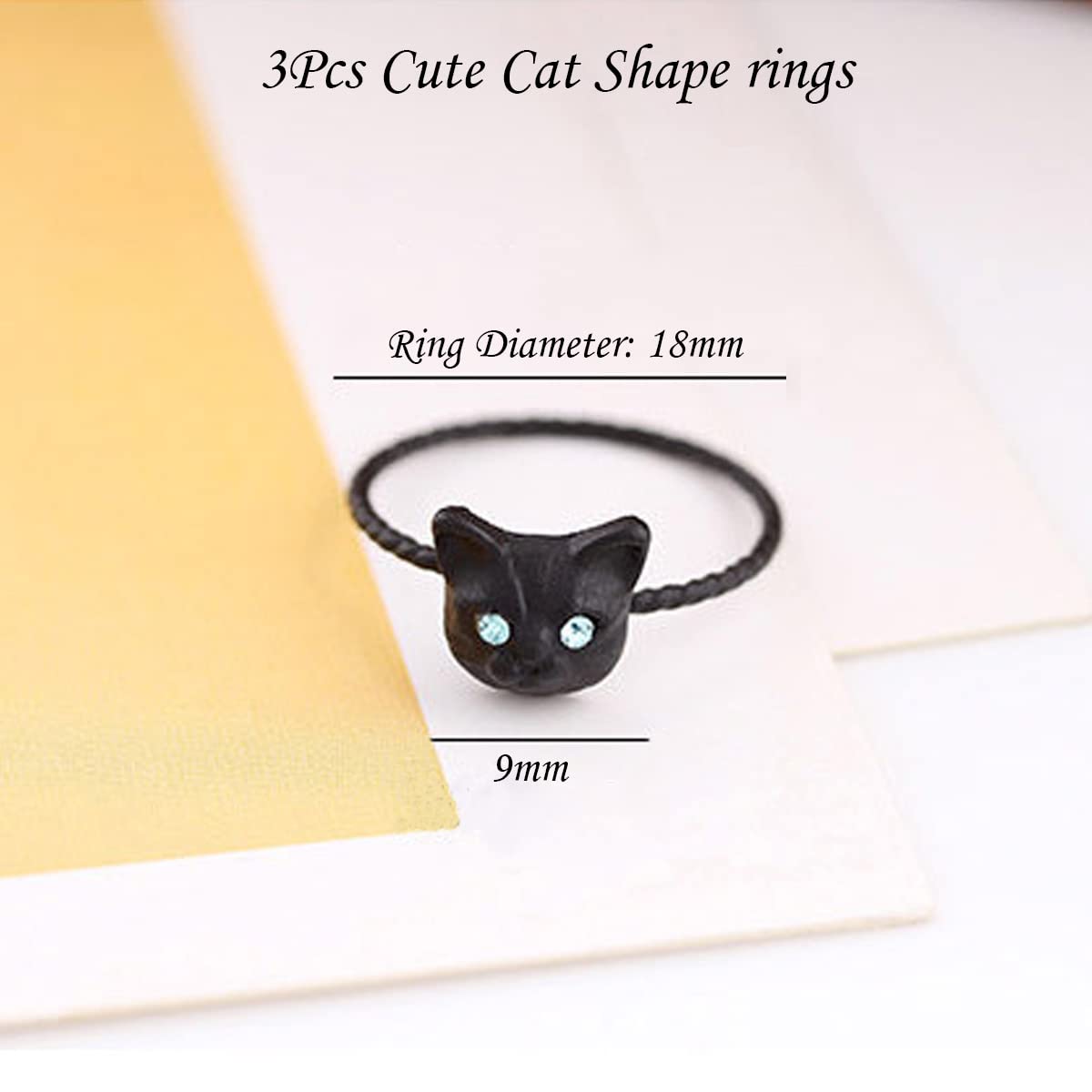 3Pcs Cute Cat rings Black Gold Silver Lovely Kitty Animal Finger Statement rings Cats Lover Gifts (3Pcs Cat Rings, 6.5)