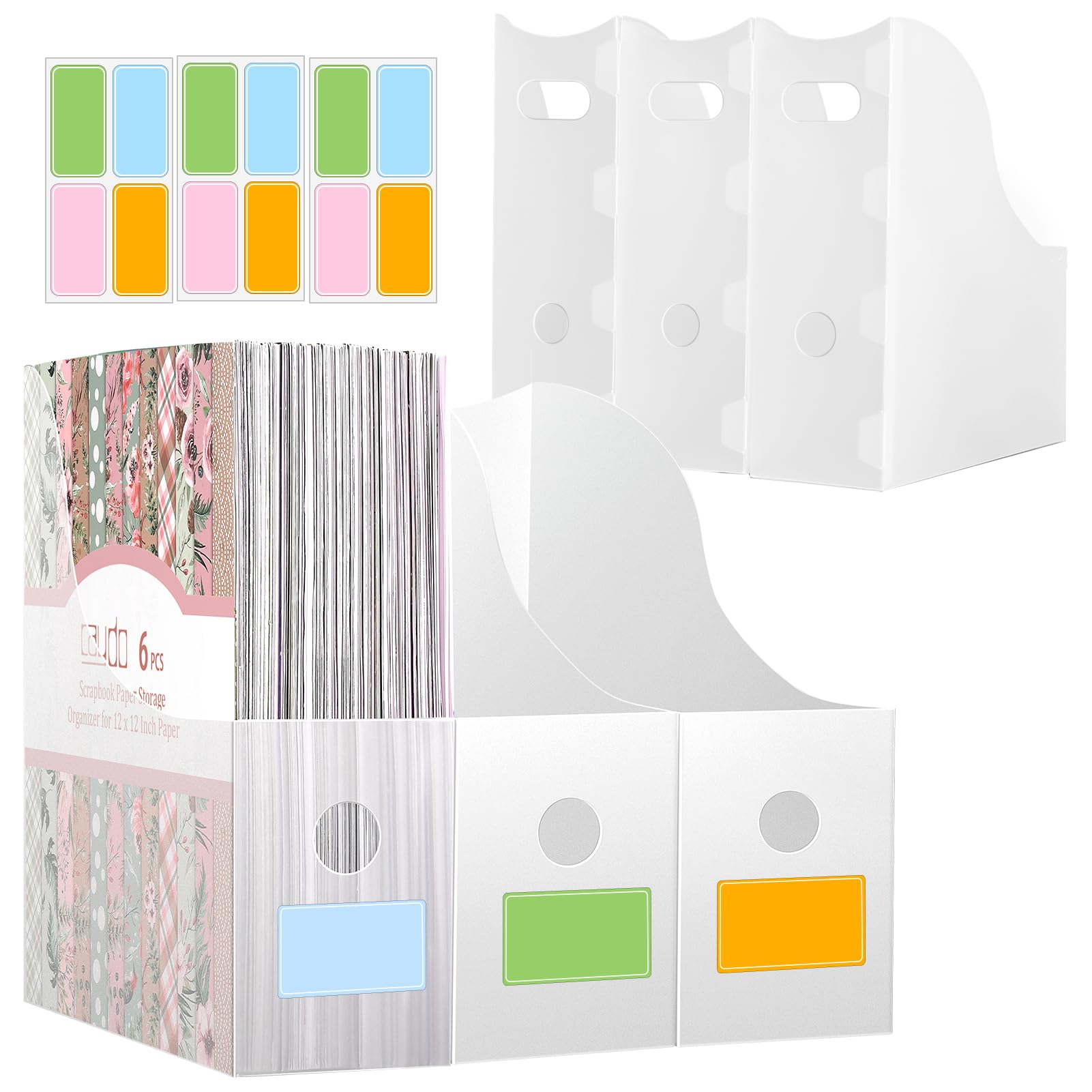 Caydo 6 Pieces Vertical Scrapbook Paper Storage Foldable Scrapbook Paper Holder with 12 Pieces Sticky Index Tabs for 12x12 Paper Storage Organizer, Files, Vinyl, Cardstock, Magazines, Documents