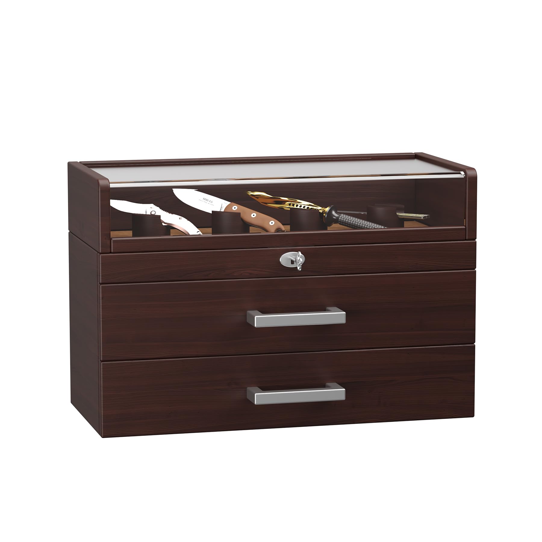 3 Tier Pocket Knife Display Case with 2 Drawers,Wooden Lockable Pocket Knife Holder Box, Large Capacity Knife Organizer Case for Knives,Watches,Wallets Storage and Colletcion