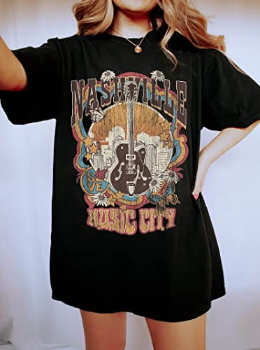 Binshre Womens Nashville Shirts Country Music Oversized Tshirts Graphic Short Sleeve Tees for Women Black XL