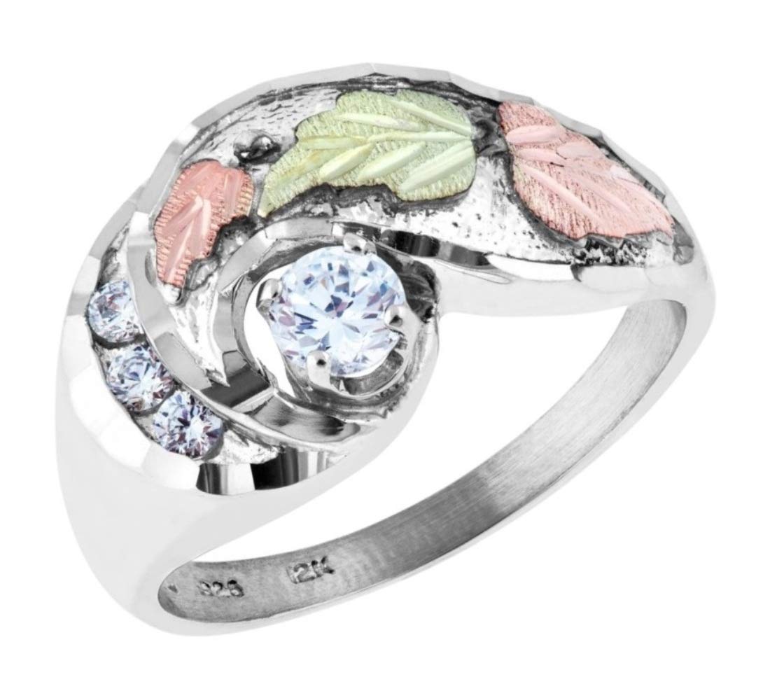 4-Stone CZ Wedding Engagement Ring Set, Sterling Silver, 12k Green and Rose Black Hills Gold Size 8