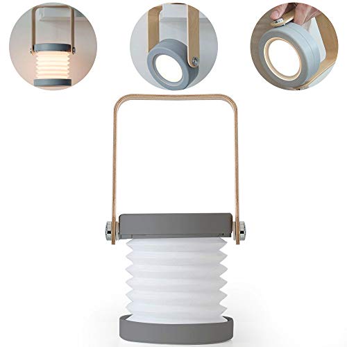 4-in-1 Foldable Table Lamp,USB Retractable LED Light,Wooden Handle Portable Lantern Light and Flashlight,Touch Control Dimmable 3 Level Brightness Night Light for Reading, Outdoor Camping (Grey)