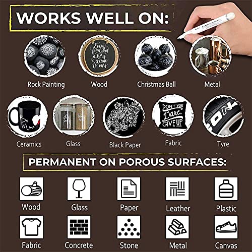 PANDAFLY White Paint Pens, 8 Pack 0.7mm Acrylic Permanent Marker 6 White With 2 Black Paint Pens for Wood Rock Plastic Leather Glass Stone Metal Canvas Ceramic, Extra Fine Point Opaque Ink