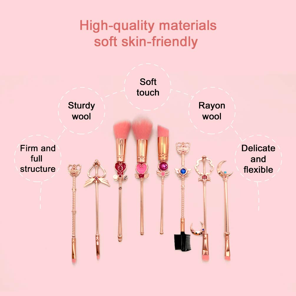 KUASU Sailormoon Makeup Brush Set w/Pouch - Rose Gold Cosmetic Brushes With Sailormoon Gems (MJ155)γ