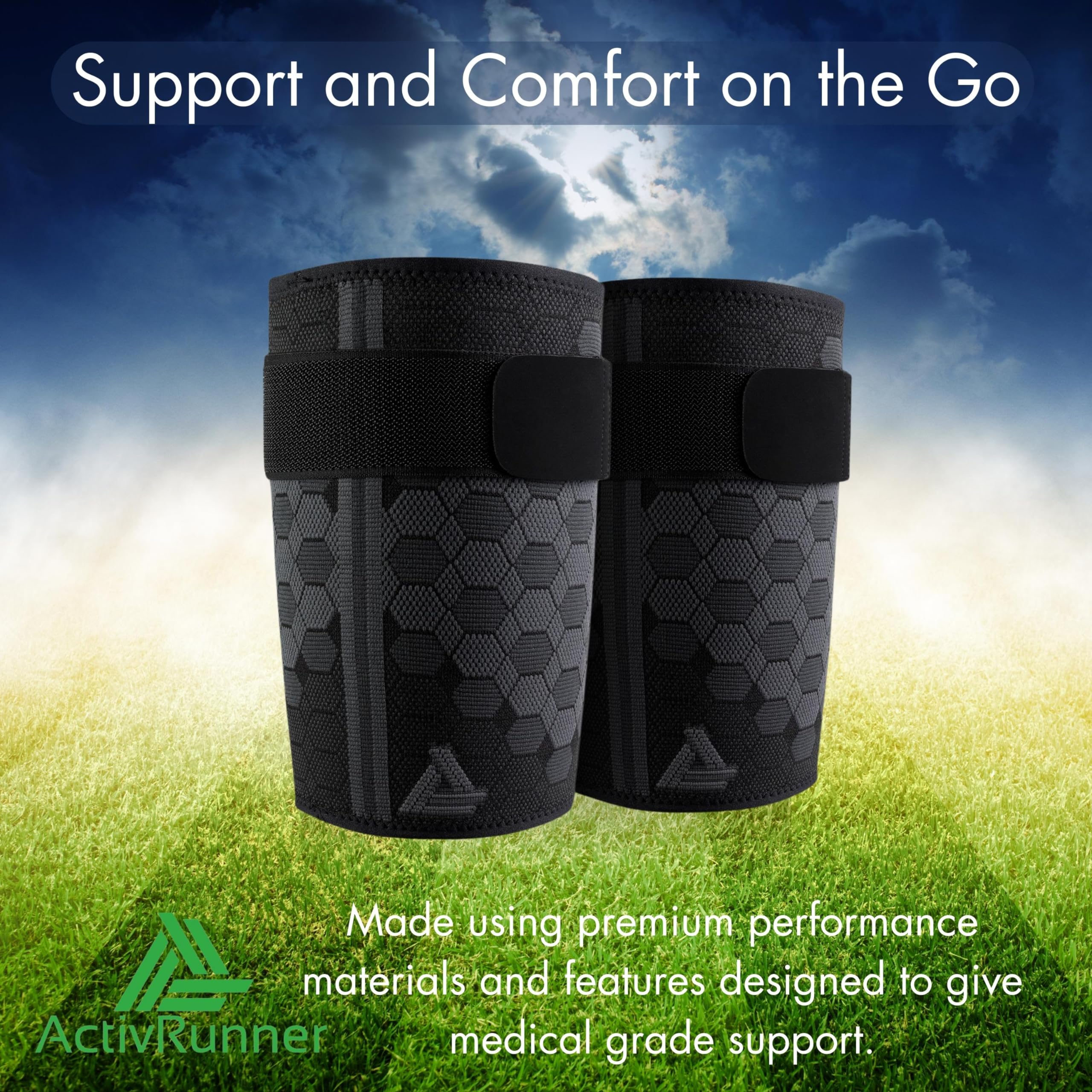 ActivRunner Thigh Compression Support Sleeve (2 per Pack), Breathable with Adjustable Non-Slip Strap for Hamstring and Quadricep Muscle Injury and Strain Recovery. Suitable for Men and Women