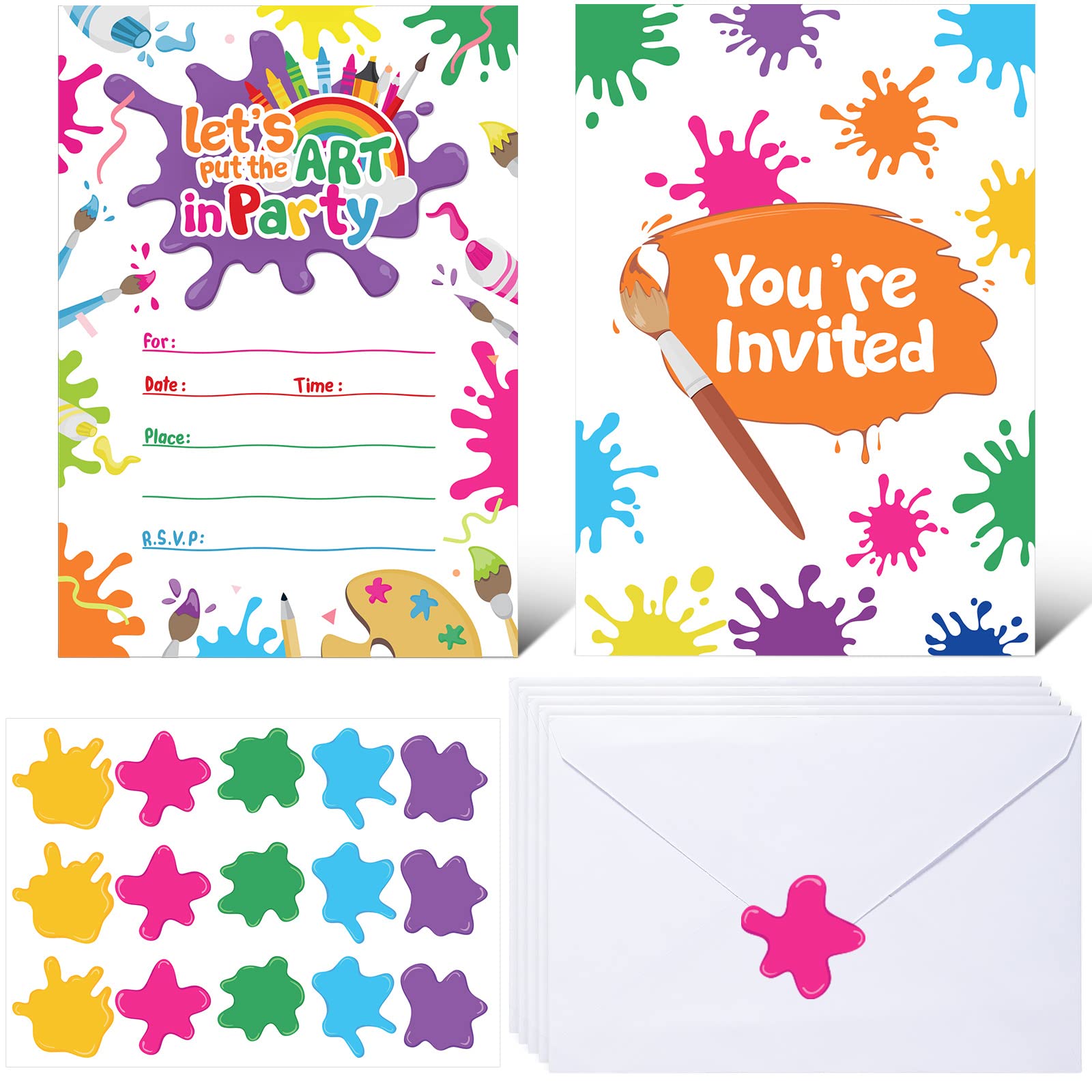 Pajean 24 Set Art Painting Party Invitations with Envelopes Colorful Birthday Invitation Cards Paint Themed Invitation Letters Paint Fill in Invites with 30 Stickers for Art Party Supplies