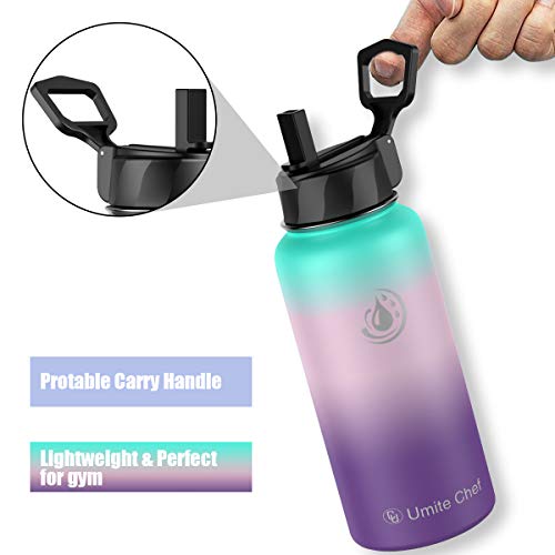 Umite Chef Sports Water Bottle with New Wide Handle Straw Lid, Vacuum Insulated Stainless Steel Thermos Mug, 32 oz Double Walled Wide Mouth Water Bottle ,Leak Proof, Sweat Free (Hydrangea)
