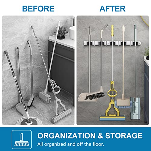 IMILLET 2 Pack Broom Holder Wall Mount, Broom Holder Stainless Steel 5 Racks with 4 Hooks Broom Organizer Wall Mount Self Adhesive Laundry Room Organization Heavy Duty Garage Organization Storage