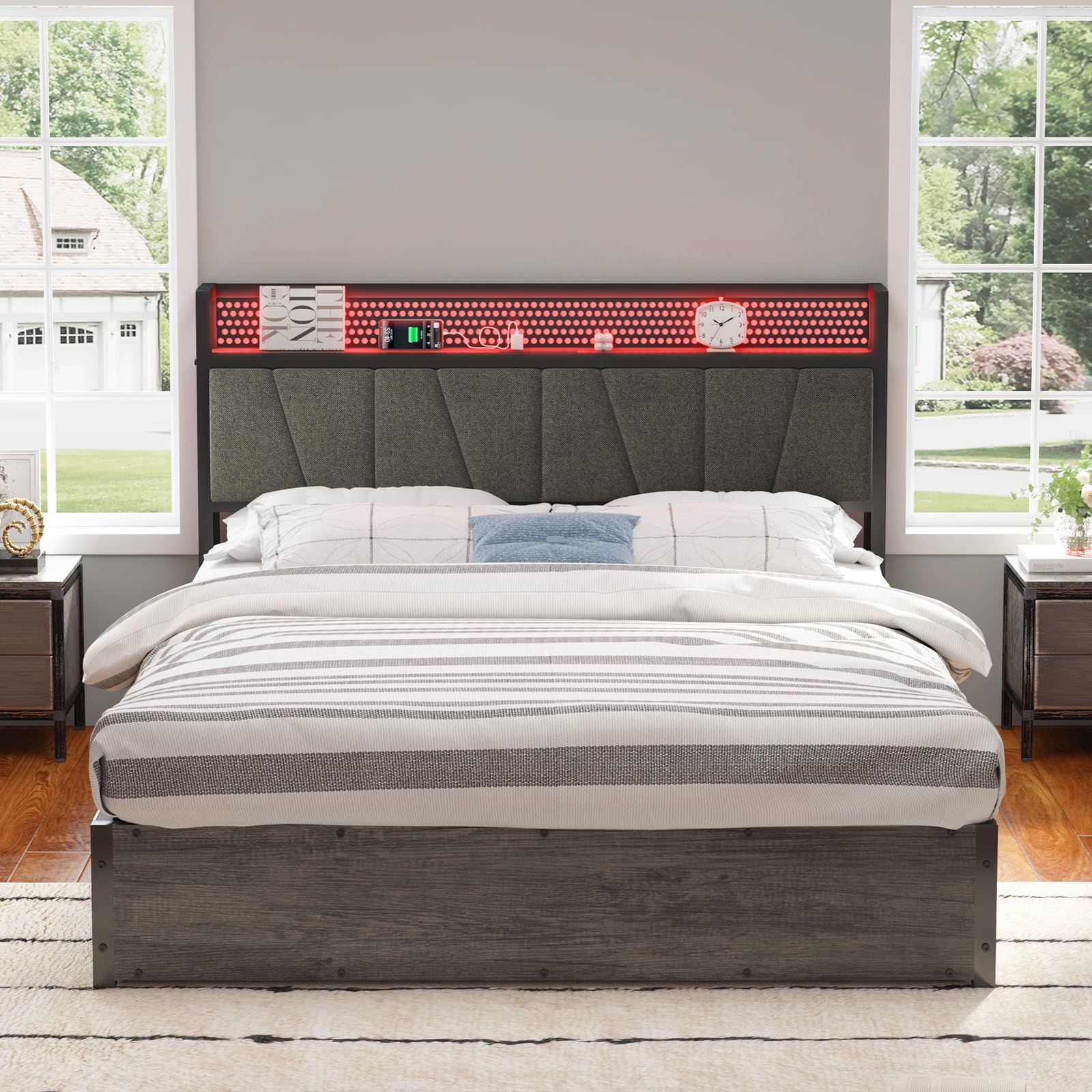AMERLIFE Queen Size Lift Up Bed Frame with Linen Upholstered & LED Light & Storage Headboard, Platform Bed Frame with Charging Station, No Box Spring Needed, Noisy Free, Rustic Grey