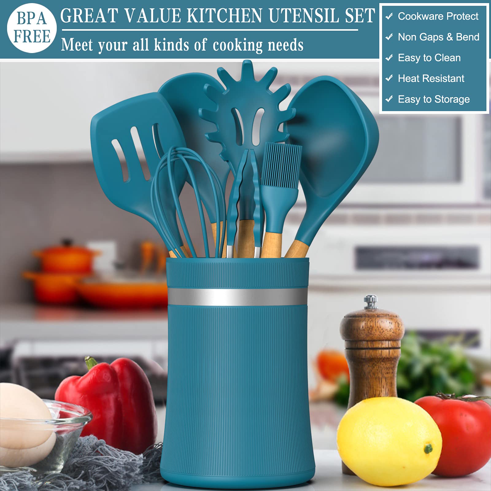 33 PCS Silicone Kitchen Utensils Set, Umite Chef Heat Resistant Cooking Utensils Set With Holder, Wooden Handle Kitchen Gadgets Tools Spatula Set for Nonstick Cookware(BPA Free & Khaki)